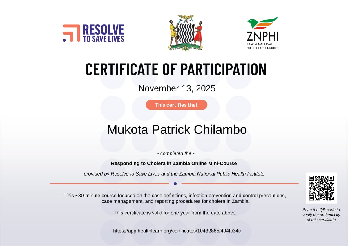 Mukota Patrick completed Responding to cholera in Zambia | HealthLearn