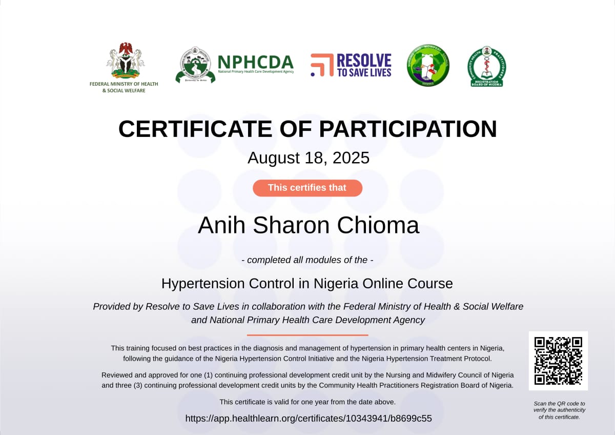 Anih completed Hypertension Control in Nigeria | HealthLearn